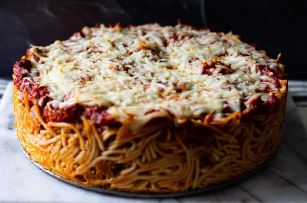 Spaghetti Pie with Italian Sausage and Spicy Sauce - A Cup Of Frosting